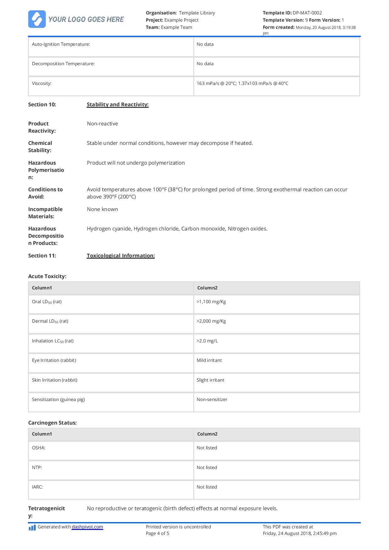 Example Of Material Safety Data Sheet Msds Free And Customisable Free 