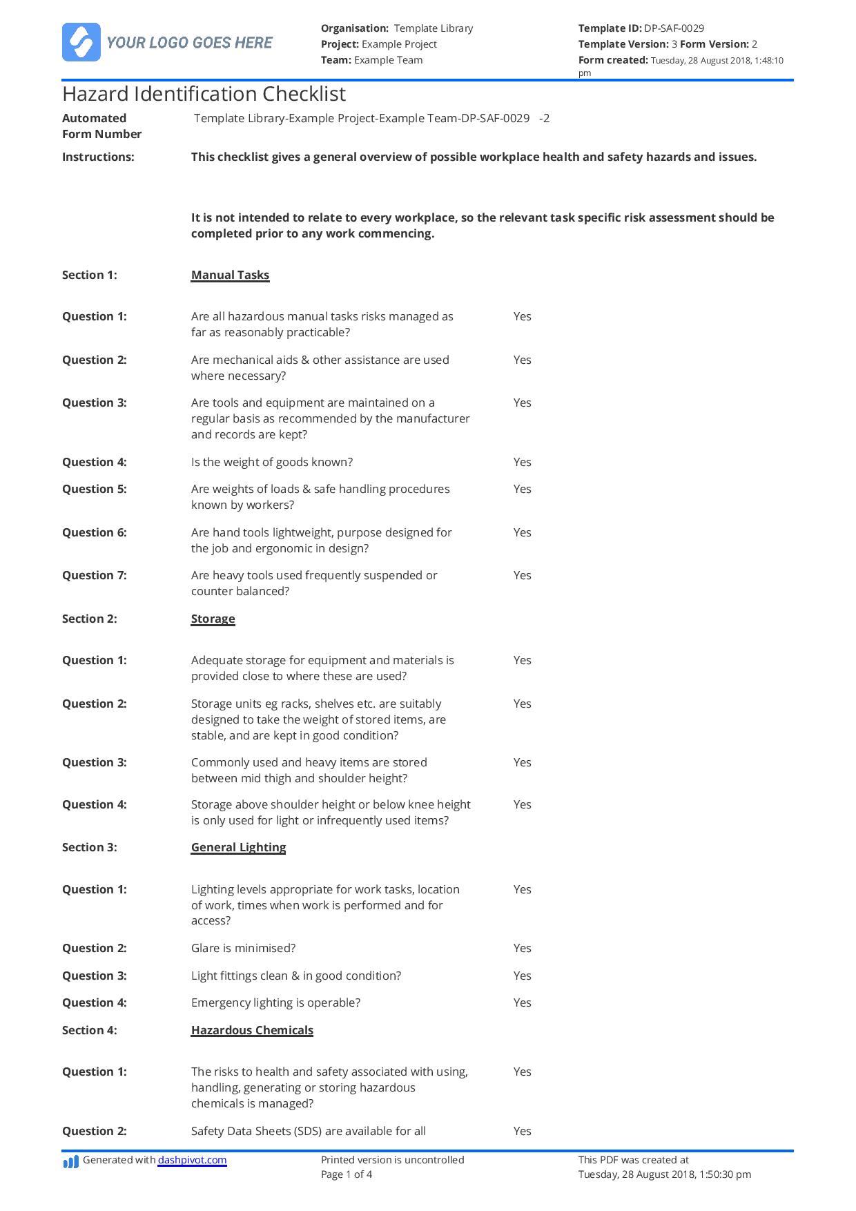 Hazard Identification Checklist Template Free To Use And Editable