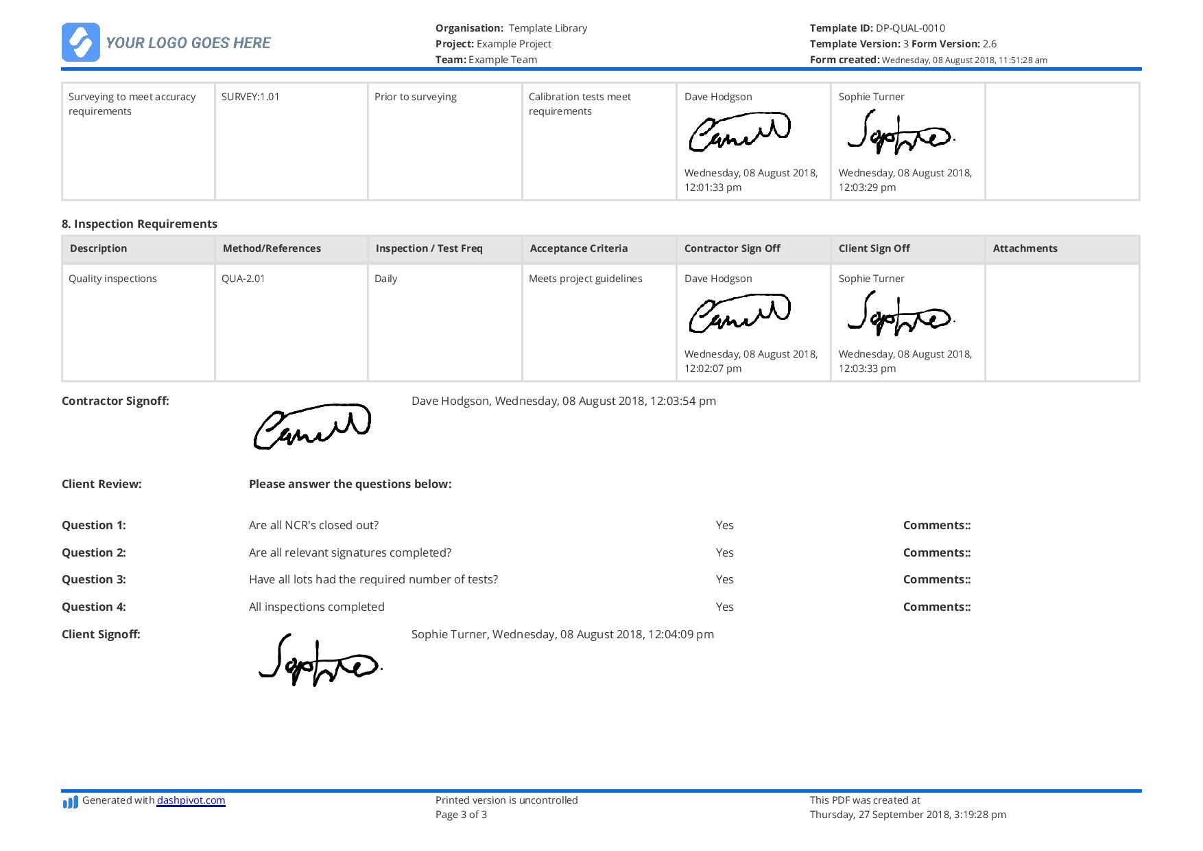Inspection Test Plan Excel Template