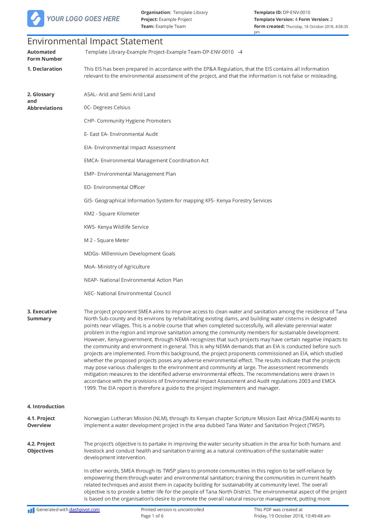Environmental Impact Statement Example Free And Customisable 