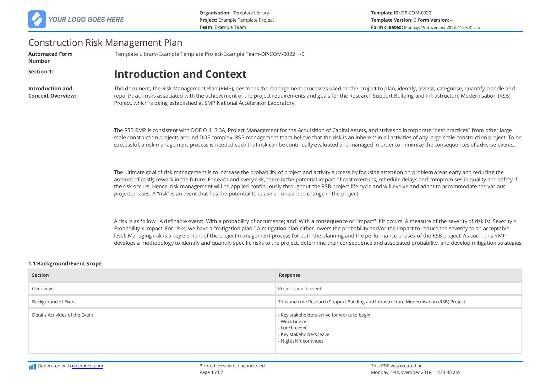 Construction Risk Management Plan Example Free To Use And Editable 