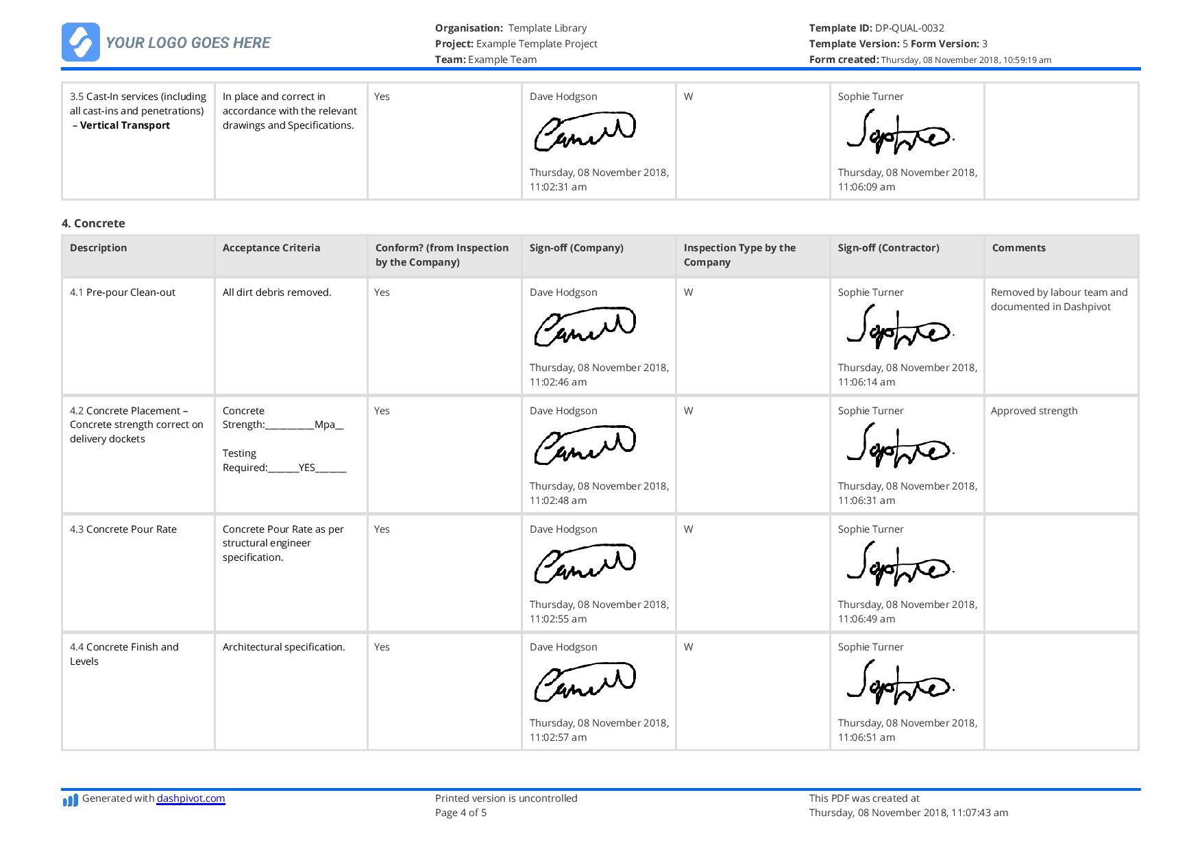 Inspection And Test Plan Itp Template For Construction Projects