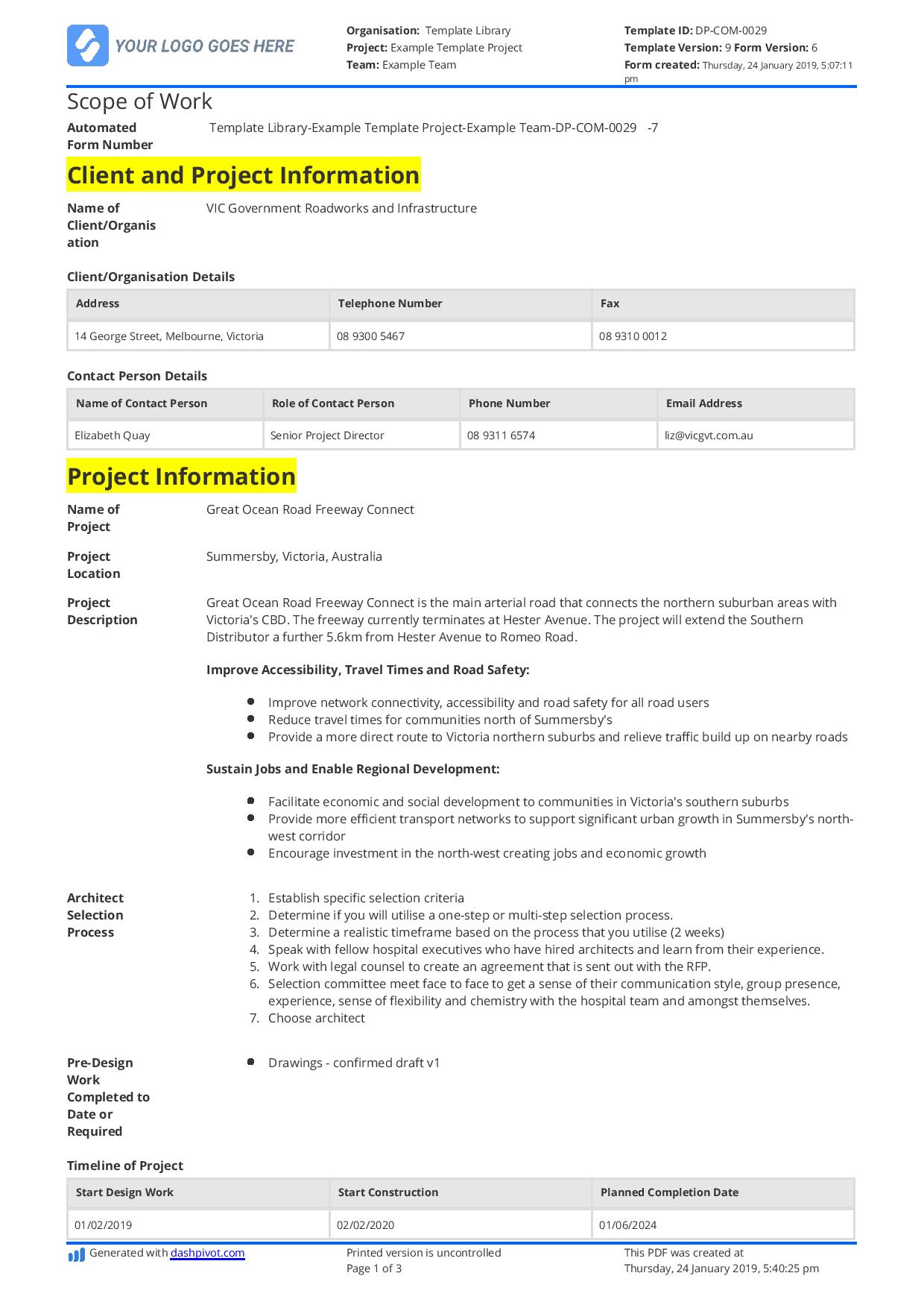 Construction Scope Of Work Template Free