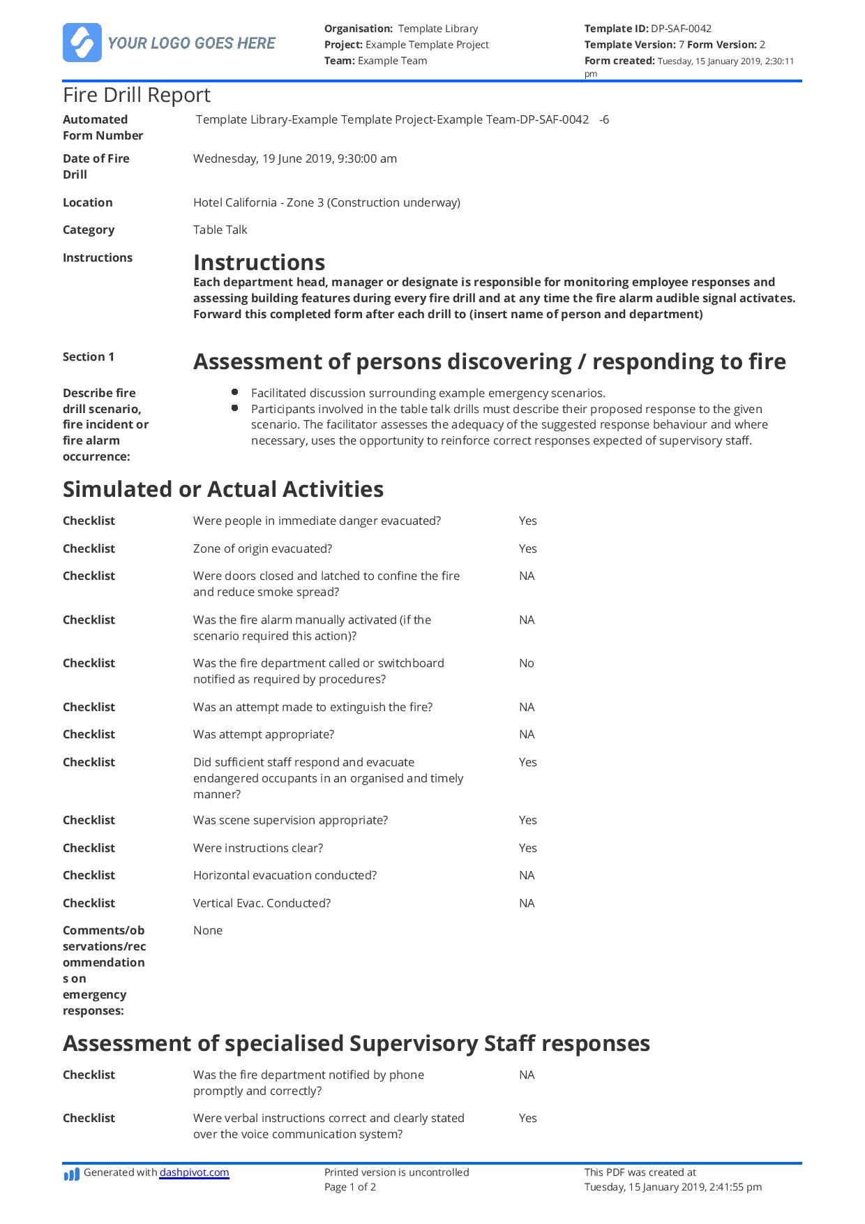 Free Fire Drill Report Template Use Customise Download Print