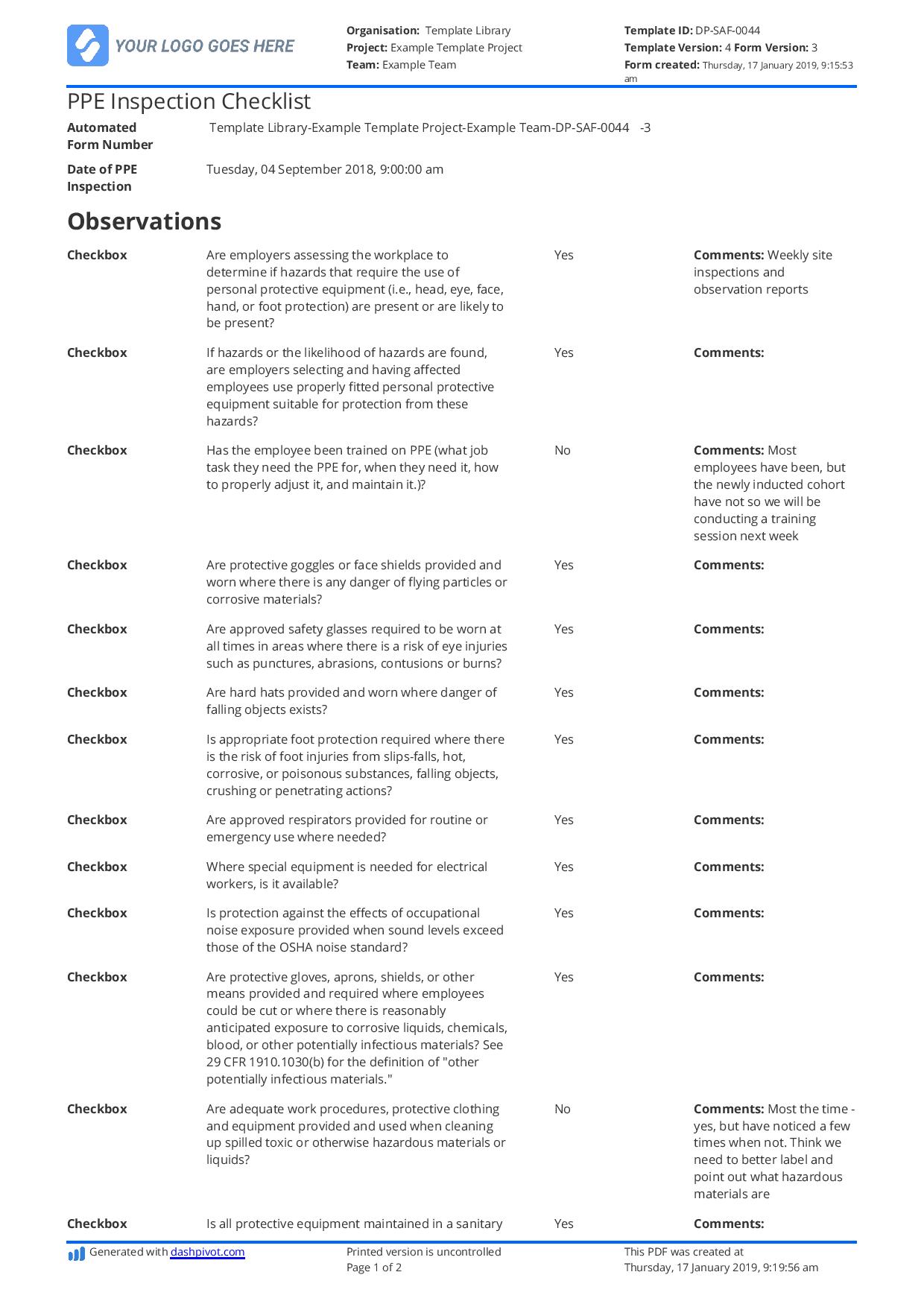 Free PPE Inspection Checklist Template Use Online Download Print