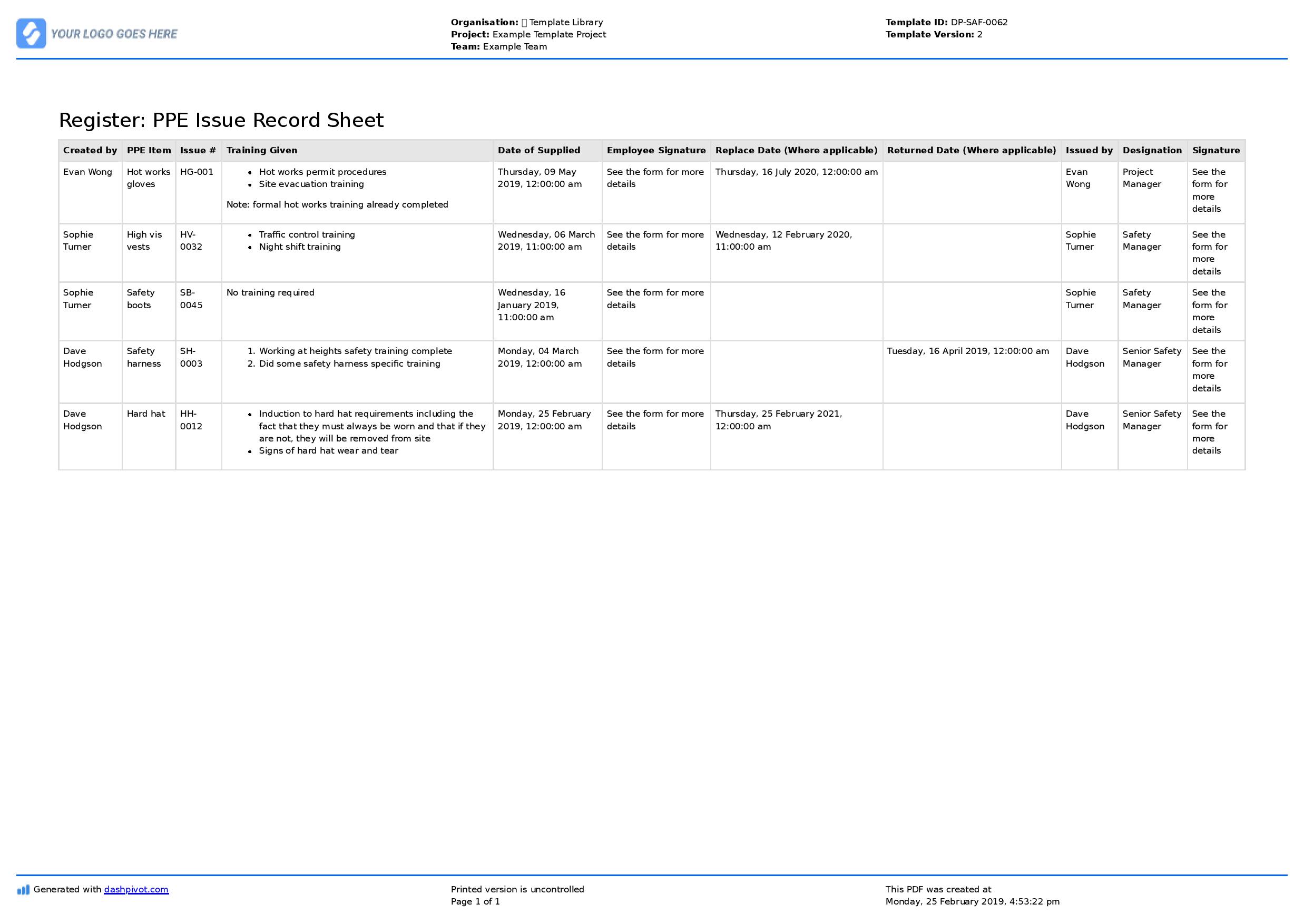 PPE Issue Record Sheet Template Free And Customisable