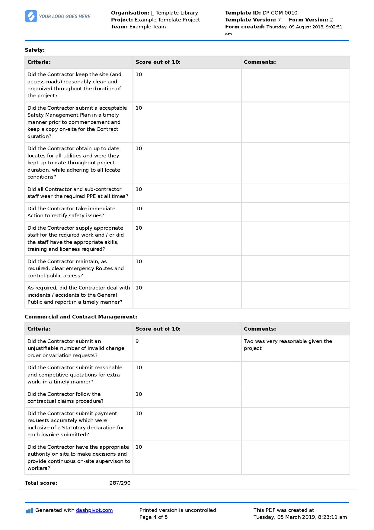 Contractor Performance Report Template Free And Customisable Report