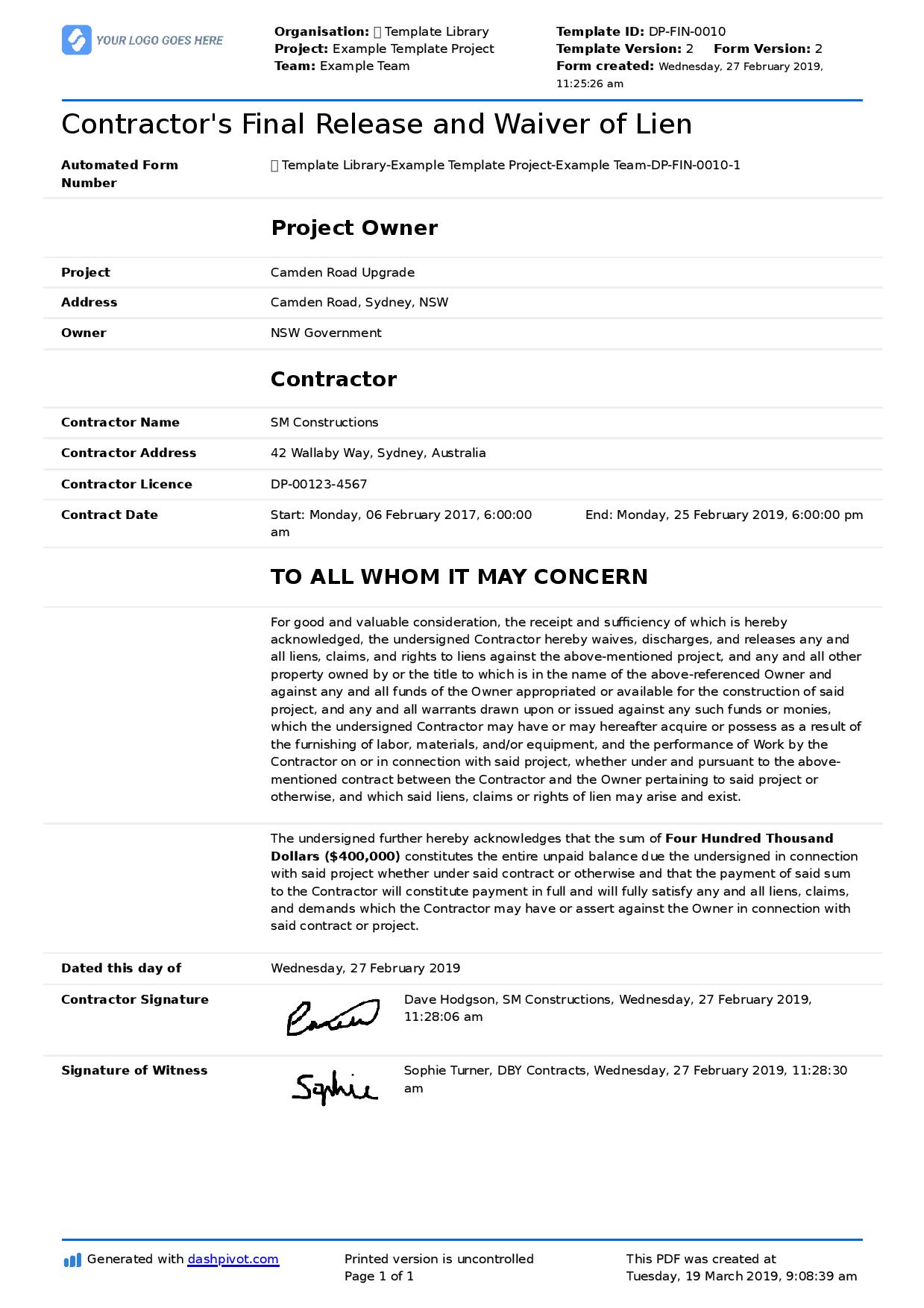 Lien Waiver Form Contractor A Free Lien Waiver Form For Contractors