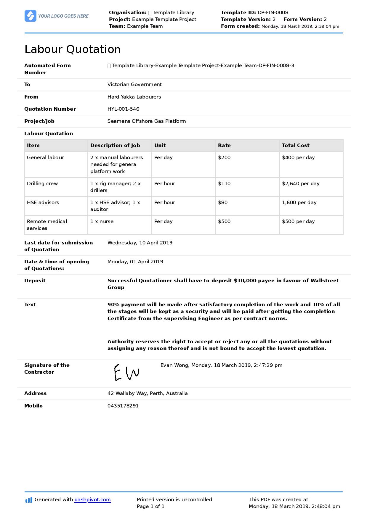 Quotation For Manpower Supply Proven Format Sample And Template