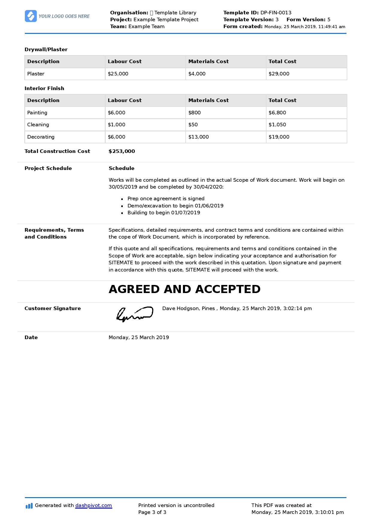 Building Construction Quotation Sample PDF Editable Template 