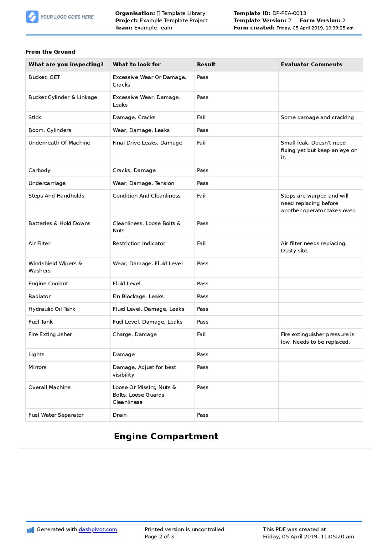 Excavator Maintenance Checklist Template Daily Weekly Service Etc 
