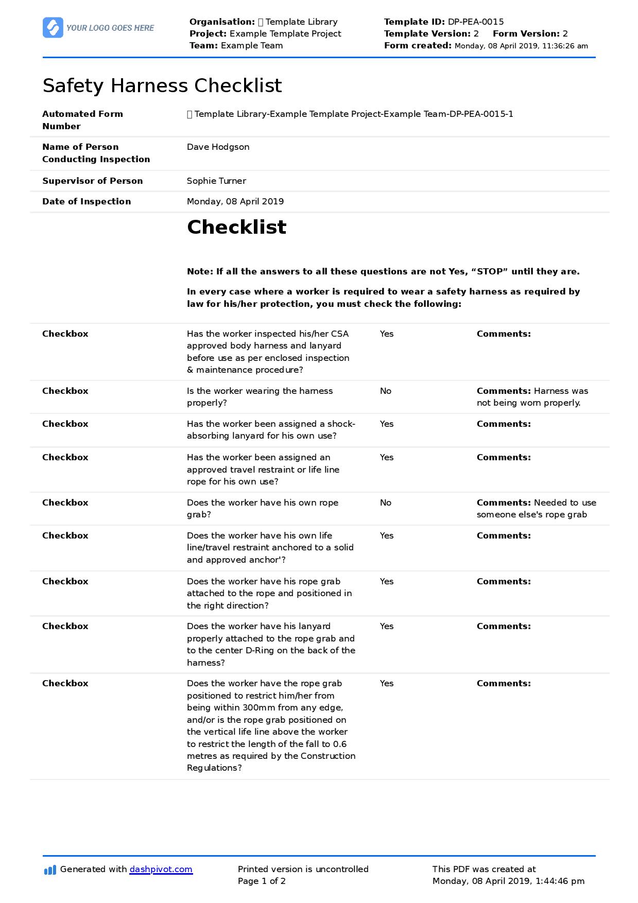 Safety Harness Inspection Checklist template (Free and editable) Safety Harness Inspection Checklist template (Free and editable)