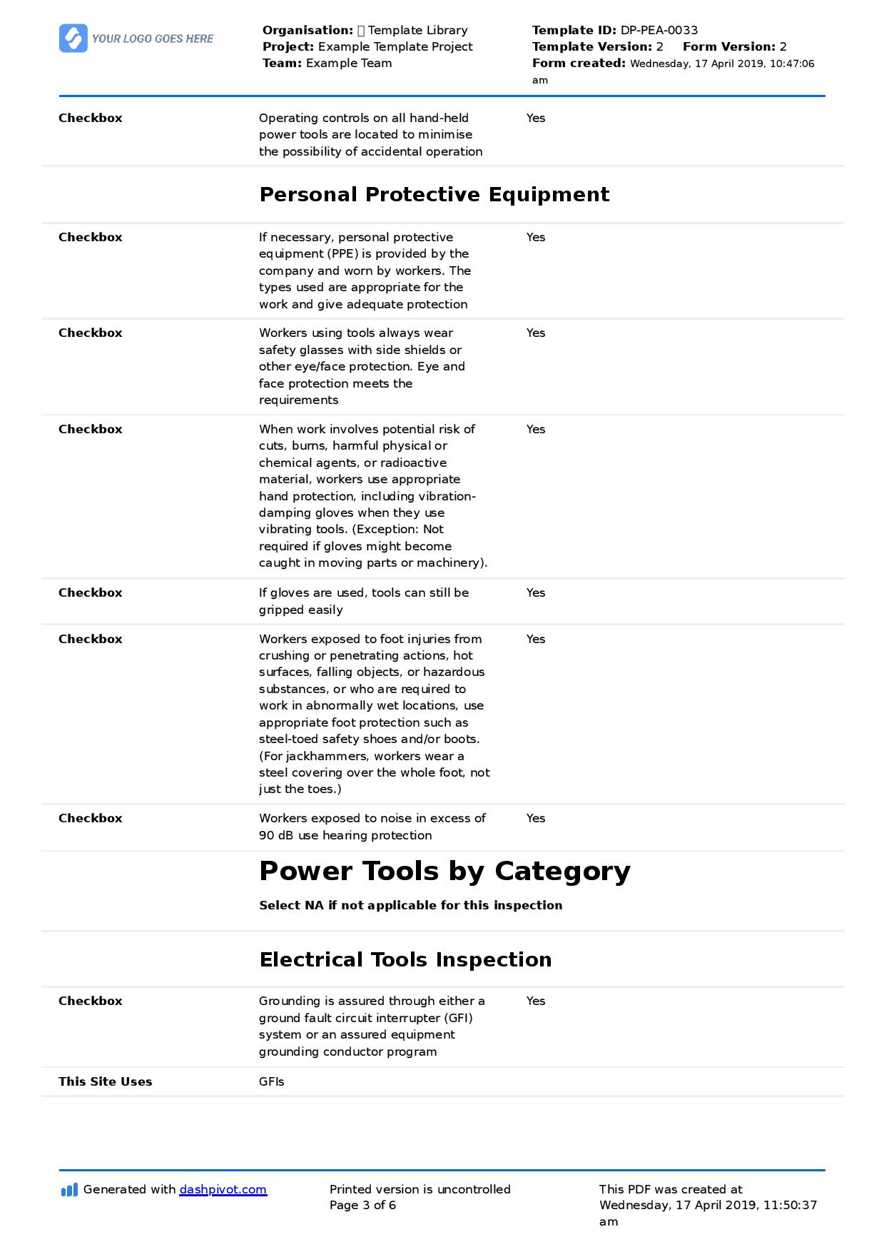 Power Tool Inspection Checklist Template Free And Edtaible Form Power Tool Inspection Checklist Template Free And Edtaible Form