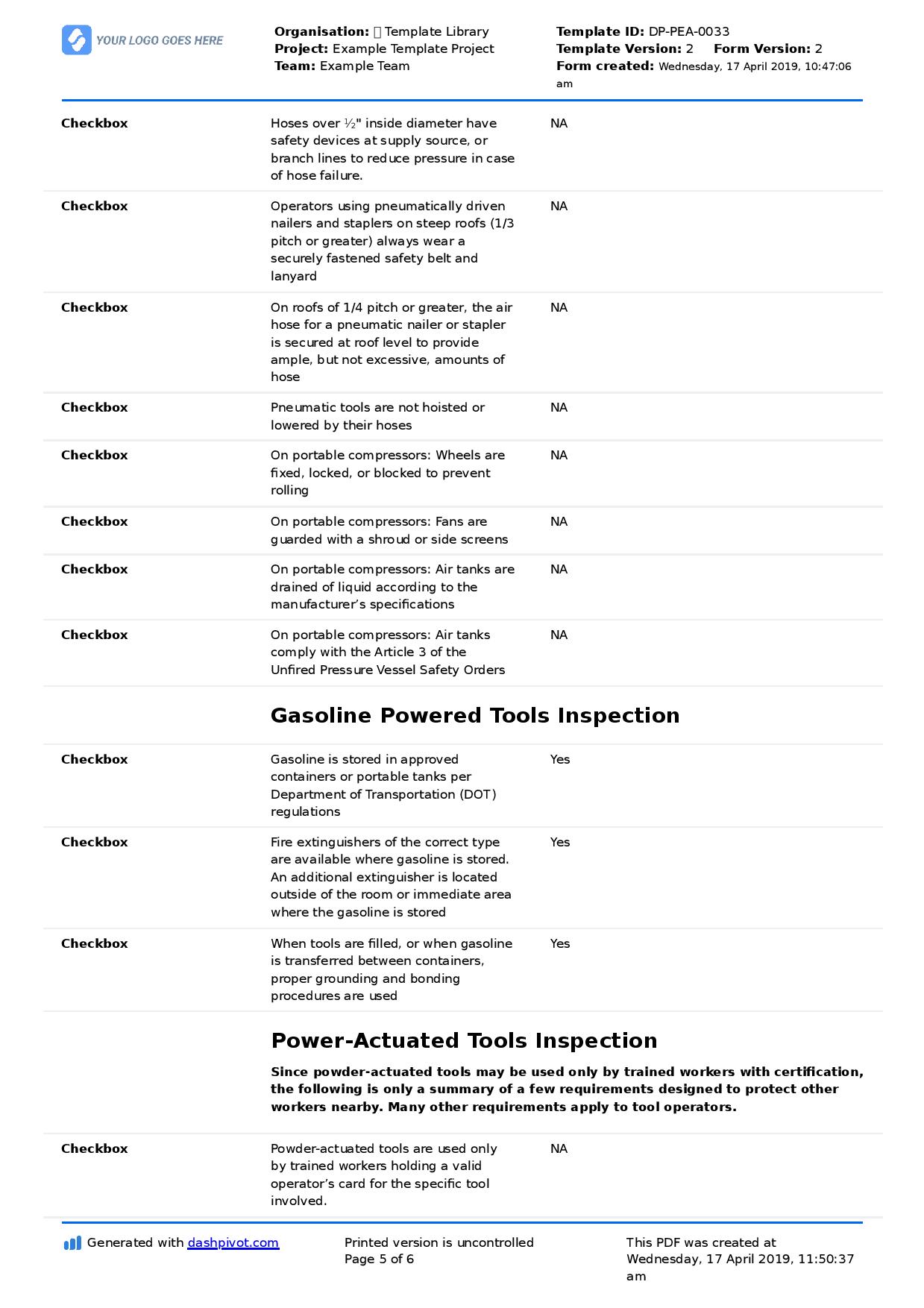 Power Tool Inspection Checklist Template Free And Edtaible Form 
