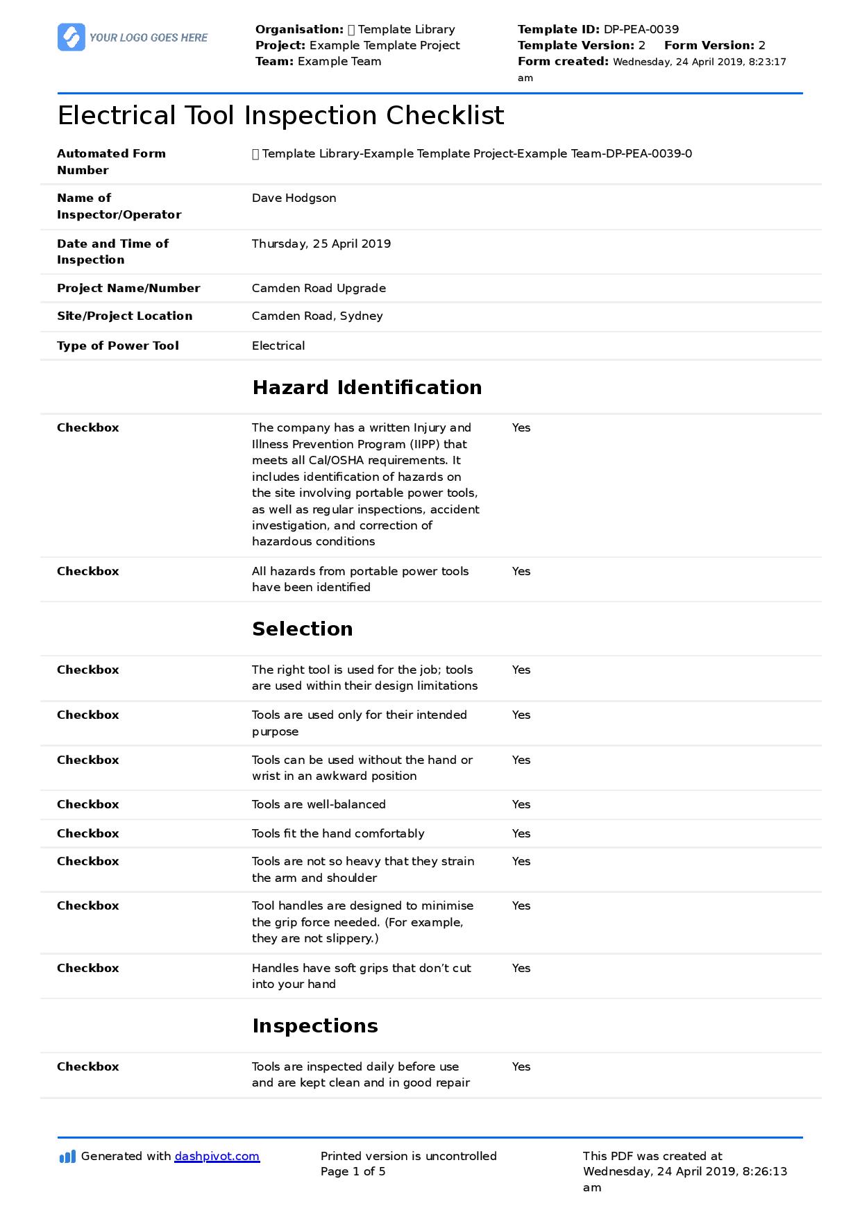 Electrical Tool Inspection Checklist Free To Use And Customisable Hot Picture