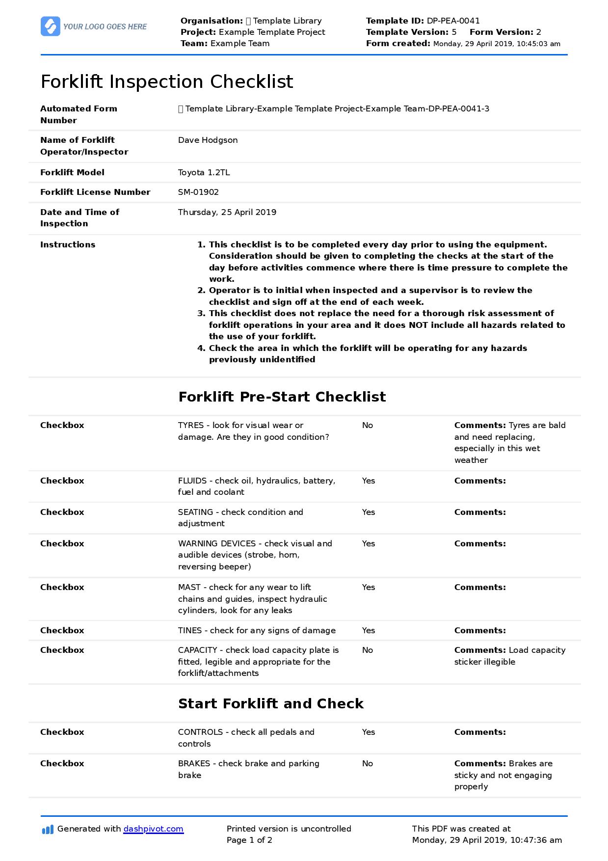 Printable Daily Forklift Inspection Checklist