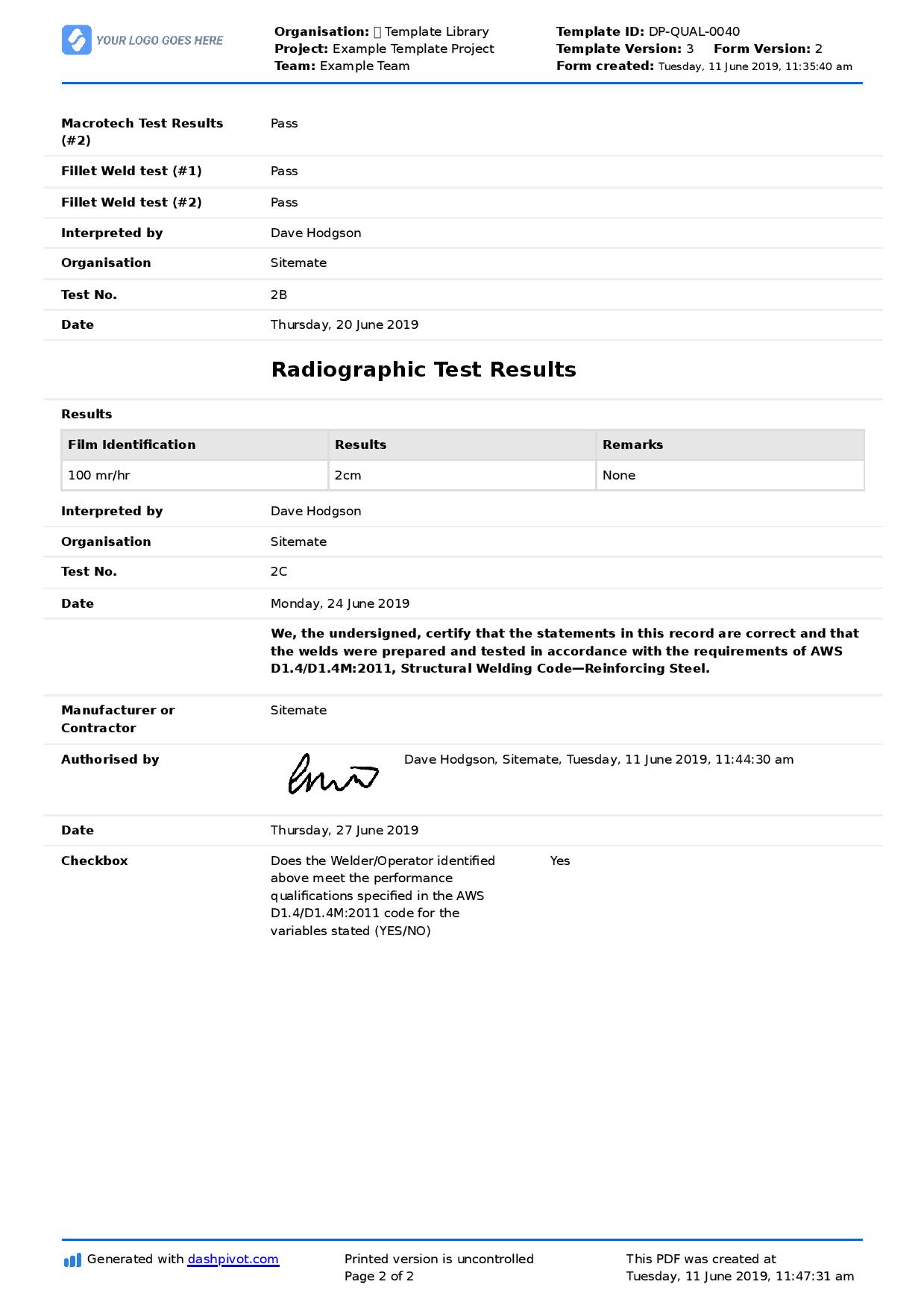 Welder Qualification Test Procedure And Record Template Use It Free