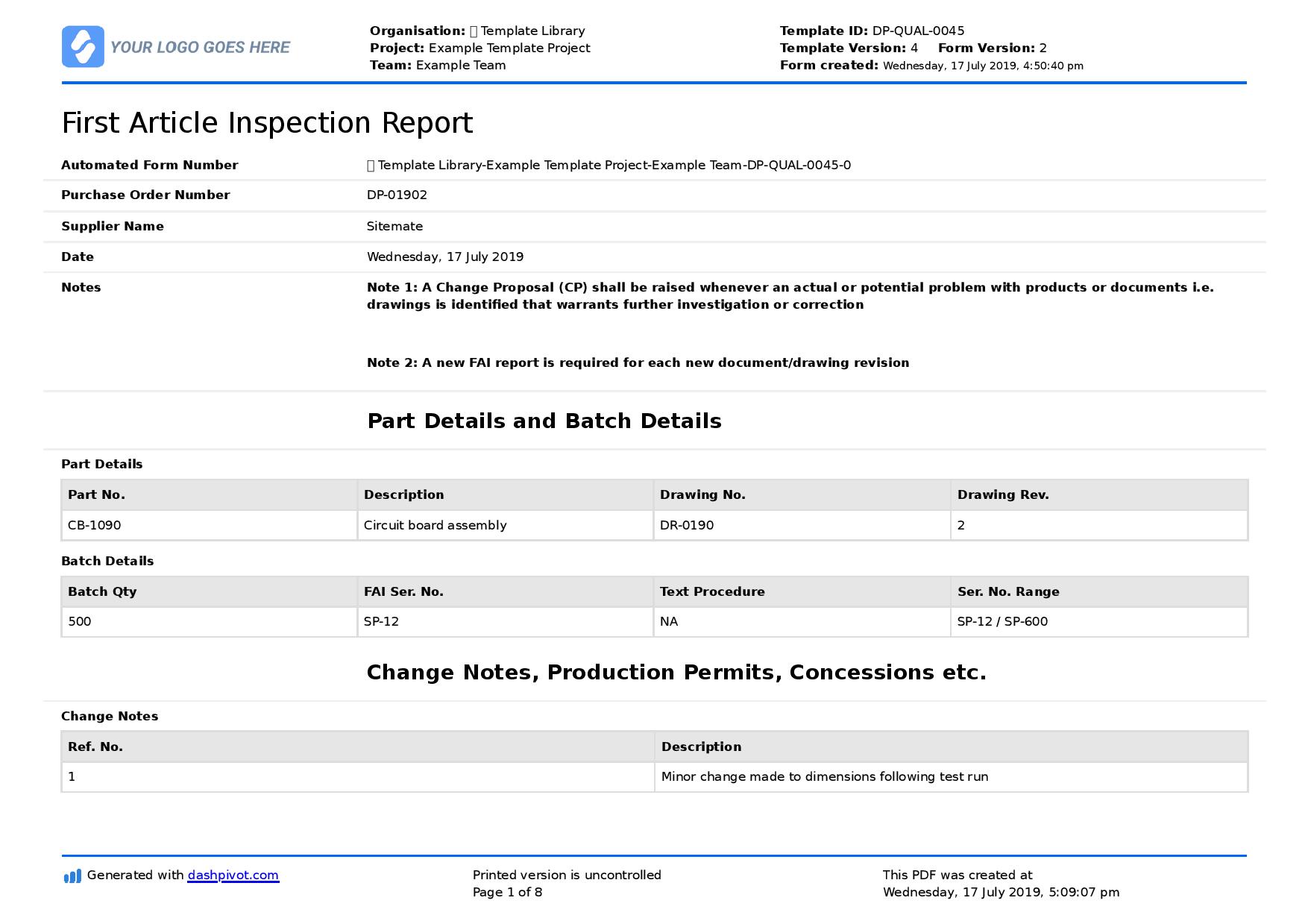 First Article Inspection Form Template Free Editable Report Template