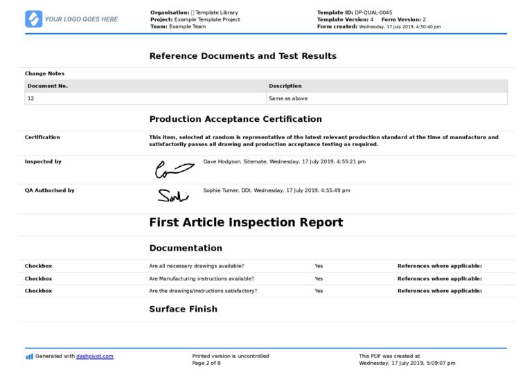 First Article Inspection Template: Editable Form, Checklist