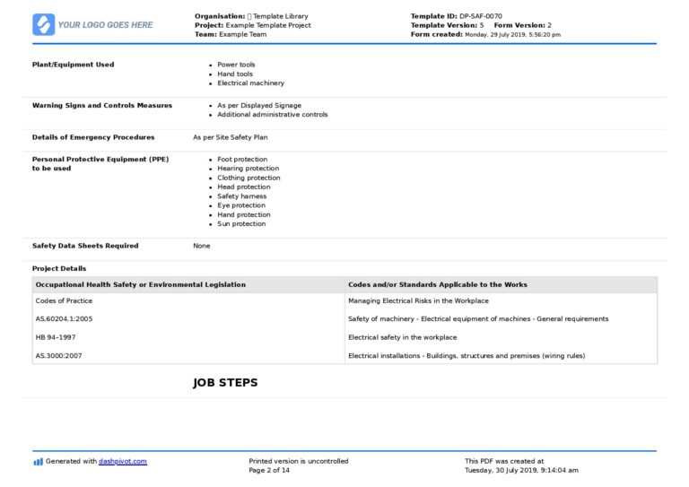 Safe Work Method Statement for Electrical Works (Editable template)