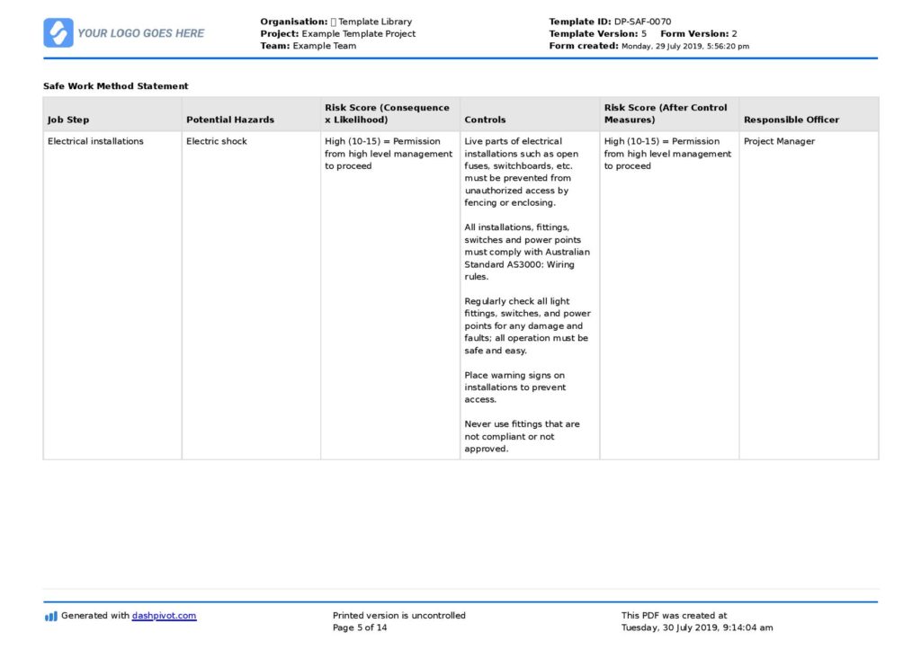 Safe Work Method Statement for Electrical Works (Editable template)