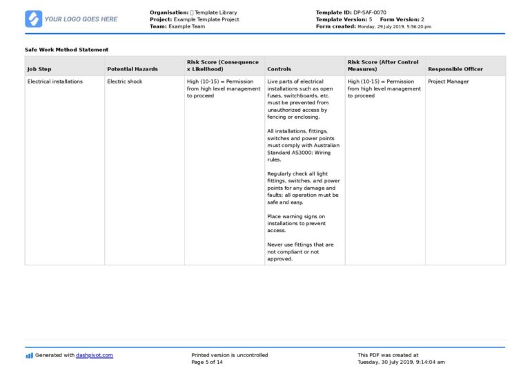 Safe Work Method Statement for Electrical Works (Editable template)