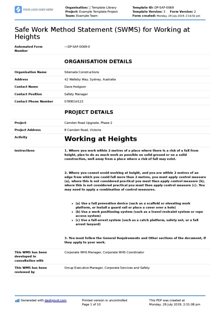 Working at Heights Safe Work Method Statement Template