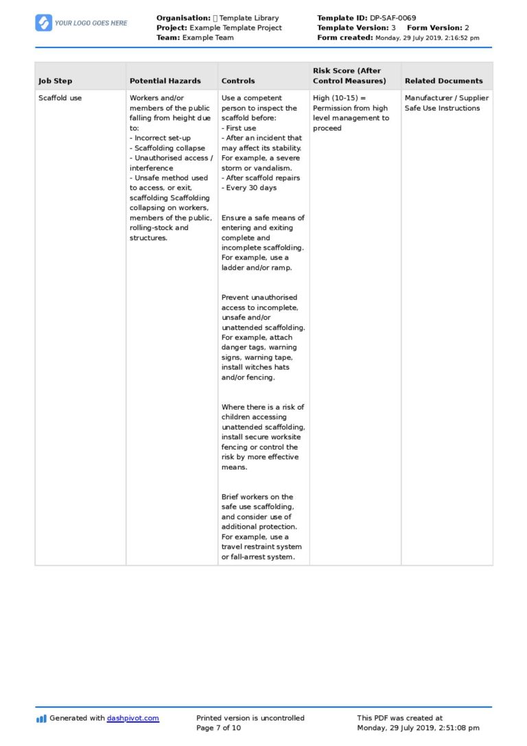 Working at Heights Safe Work Method Statement Template