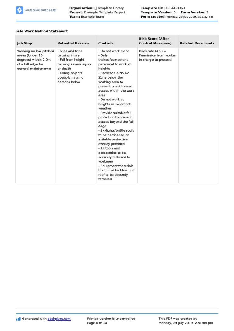 Working at Heights Safe Work Method Statement Template