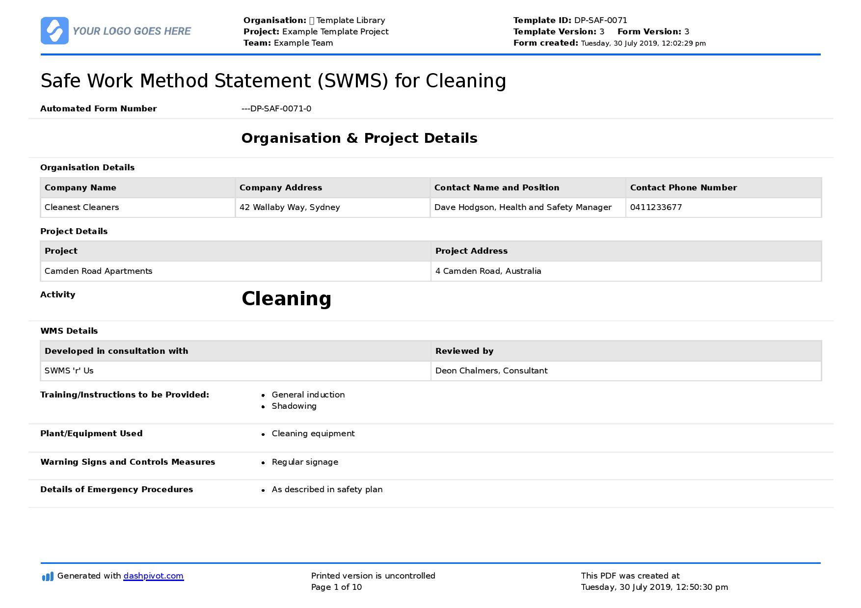 Safe Work Method Statement For Cleaning Free Cleaning SWMS 