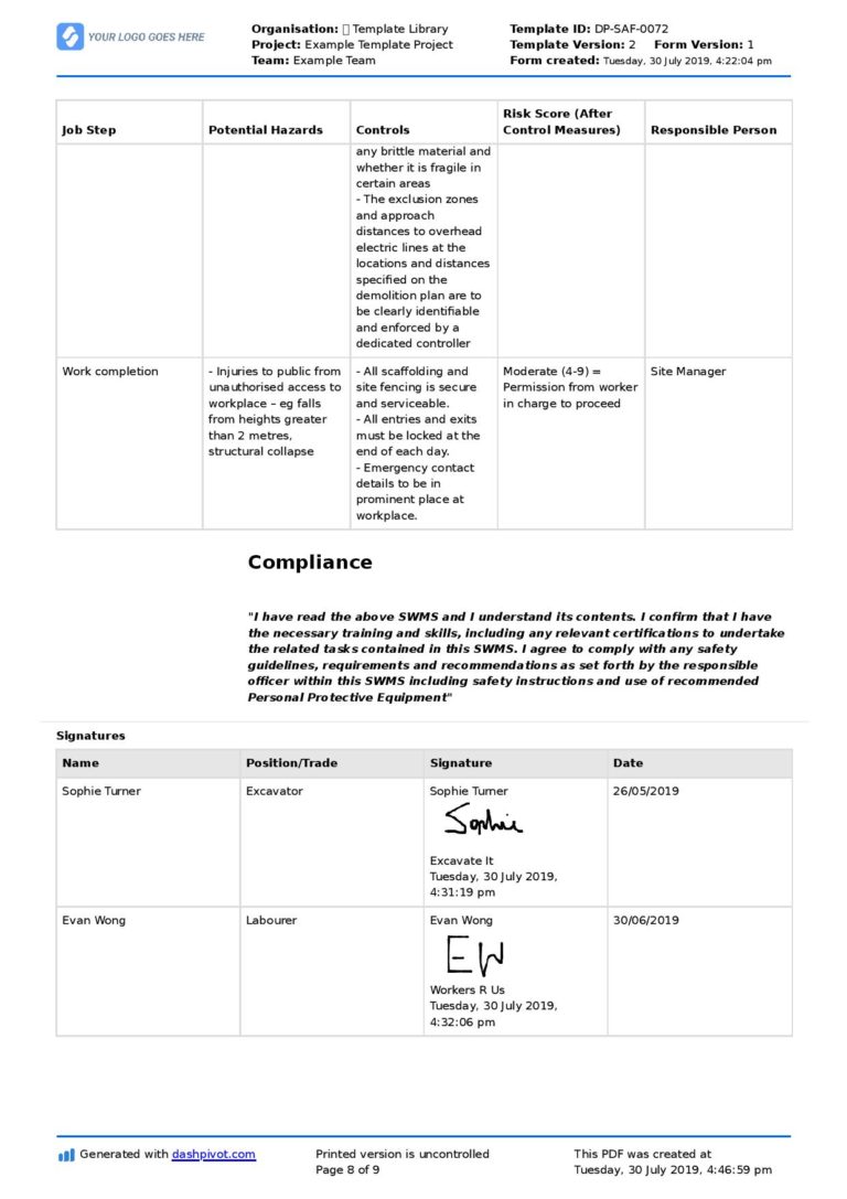 Safe Work Method Statement for Demolition - Demolition Works SWMS