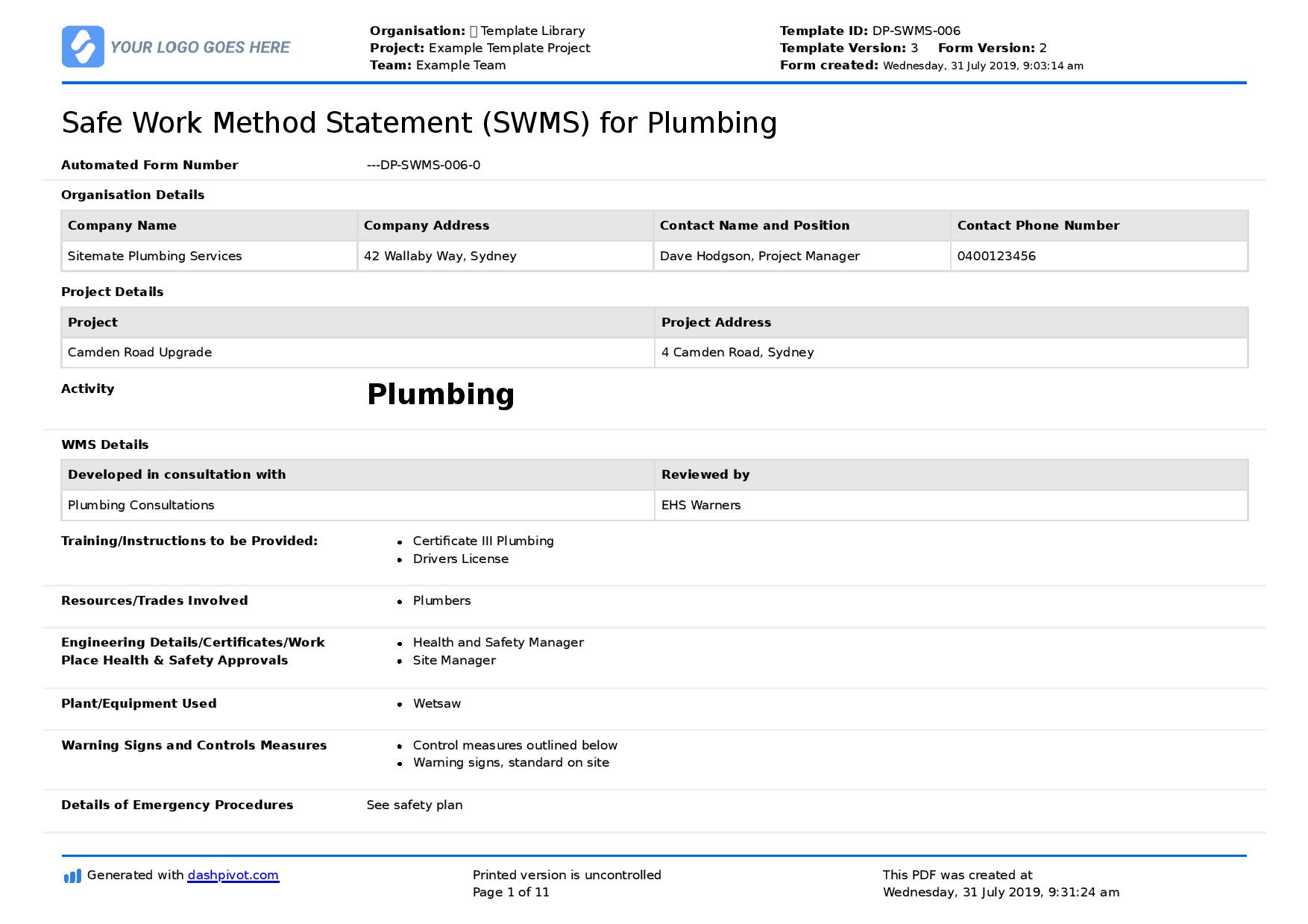 Safe Work Method Statement Template Free SWMS Templates 