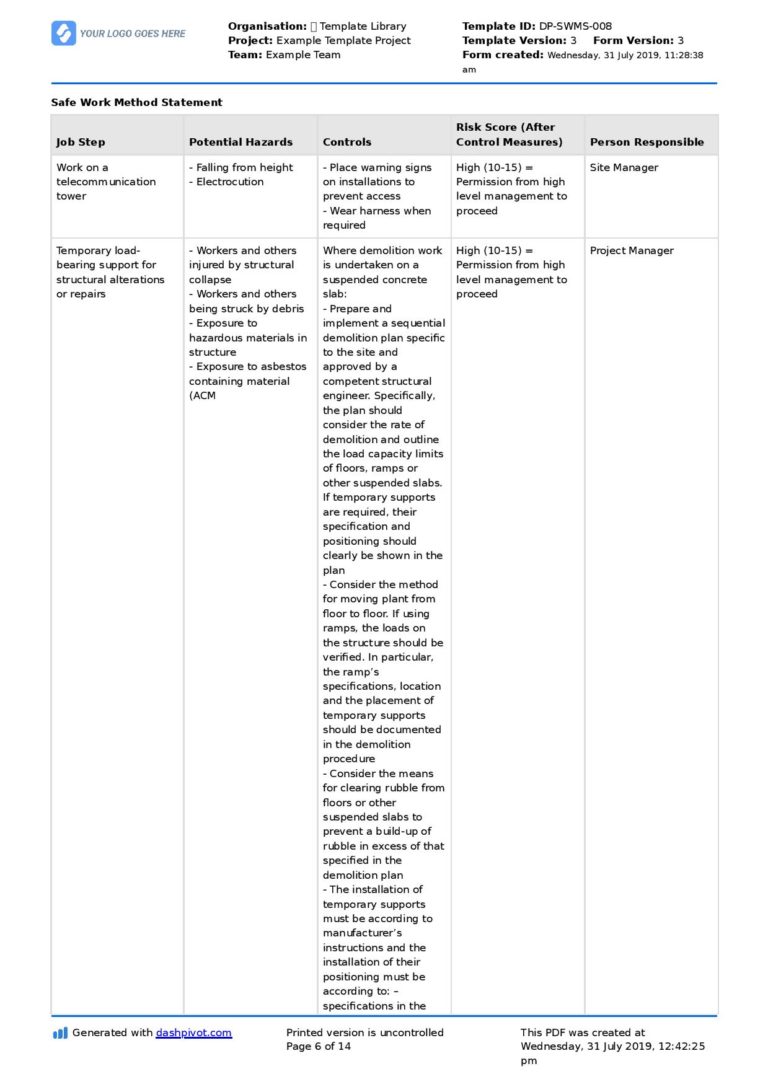 Construction Works Safe Work Method Statement