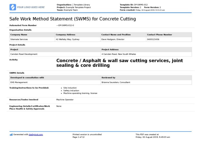 Concrete Cutting Safe Work Method Statement (Cutting SWMS)