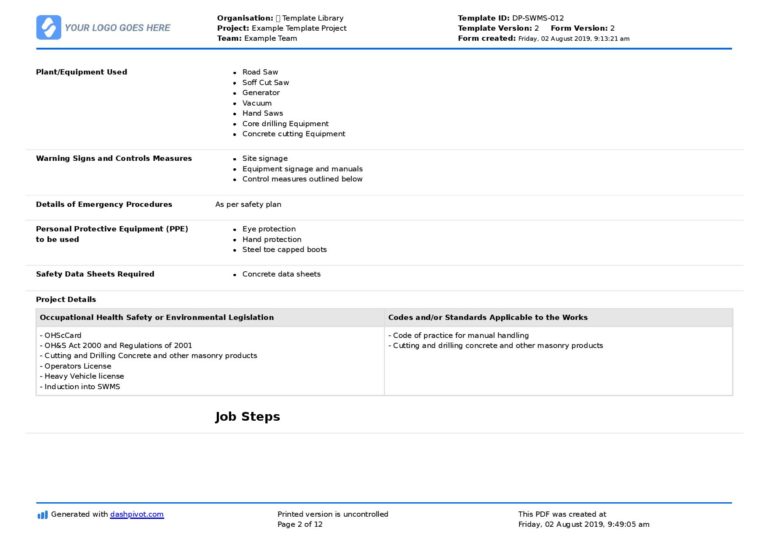 Concrete Cutting Safe Work Method Statement (Cutting SWMS)