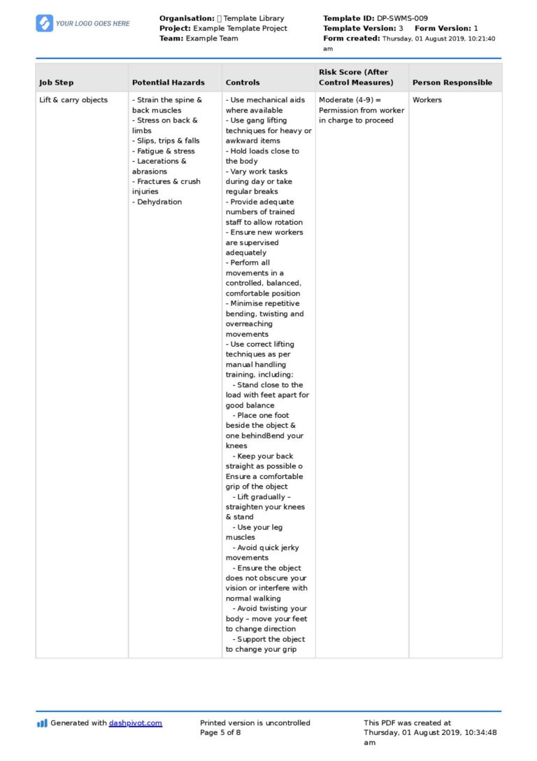 Manual Handling Safe Work Method Statement [Free & editable]