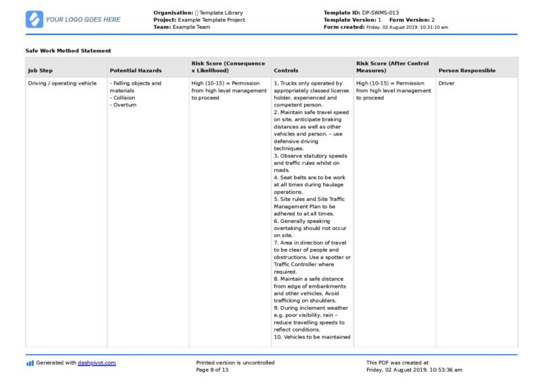 Tipper Truck Safe Work Method Statement: Use and edit this SWMS