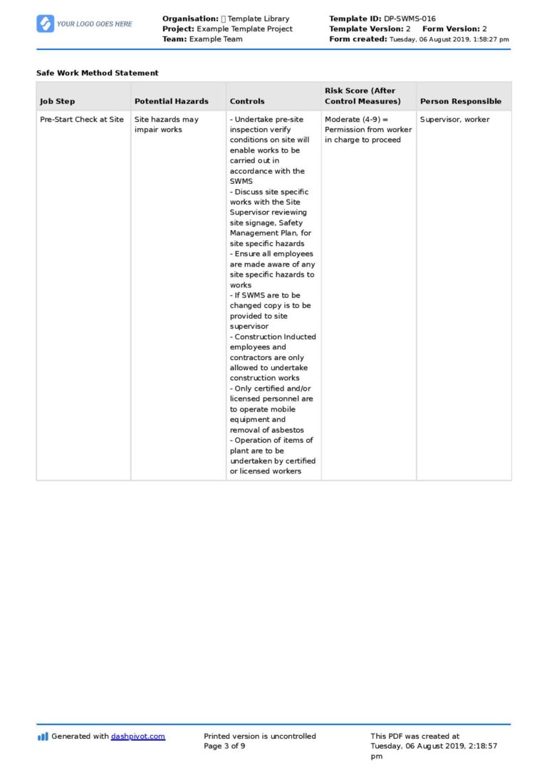 Asbestos Safe Work Method Statement (For asbestos removal etc.)