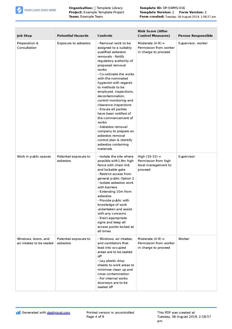 Asbestos Safe Work Method Statement (For asbestos removal etc.)