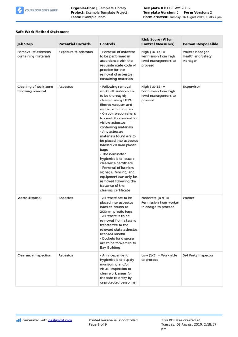 Asbestos Safe Work Method Statement (For asbestos removal etc.)