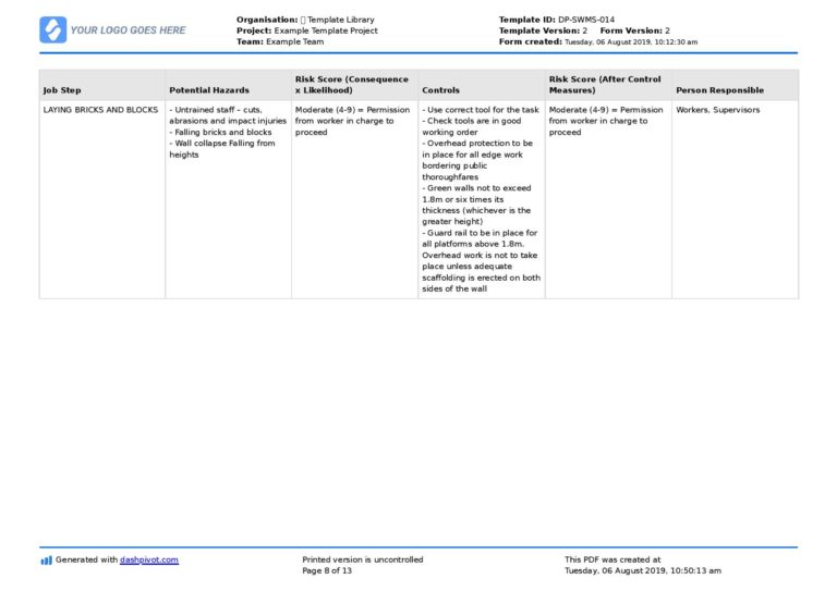 Bricklaying Safe Work Method Statement (SWMS for Bricklaying)