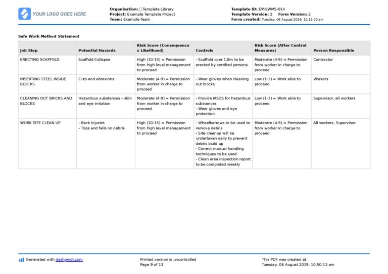 Bricklaying Safe Work Method Statement (SWMS for Bricklaying)