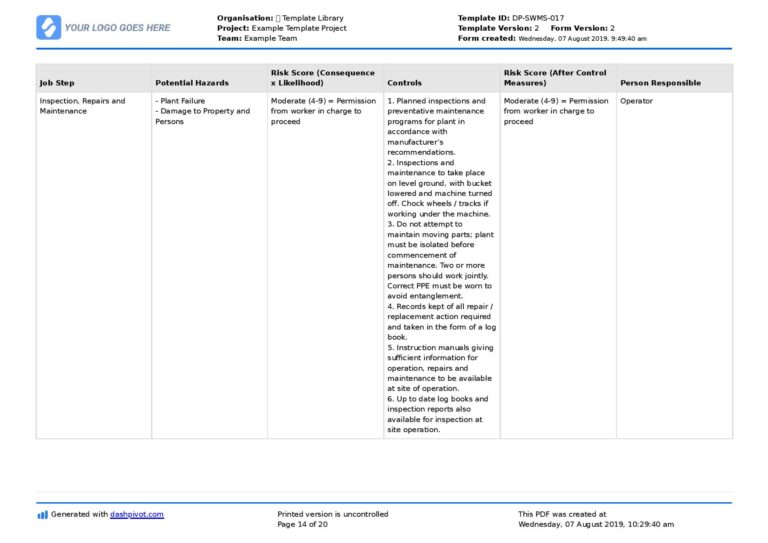 Skid Steer Loader Safe Work Method Statement [Free and editable]