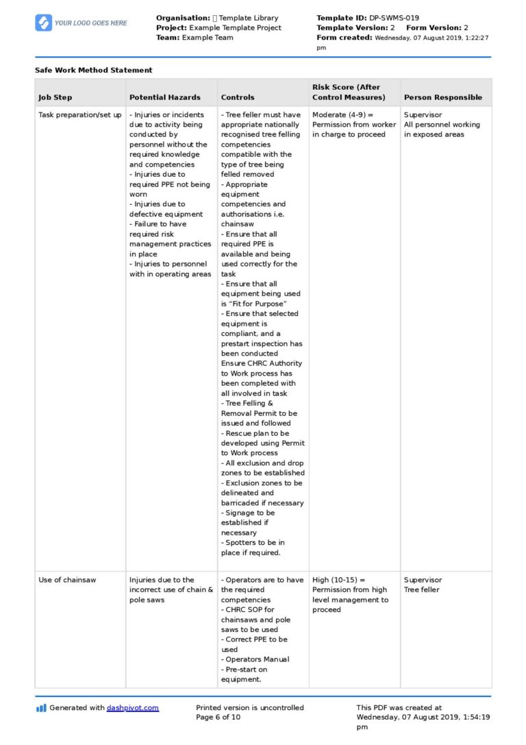 Tree Felling and Tree Removal Safe Work Method Statement (SWMS)