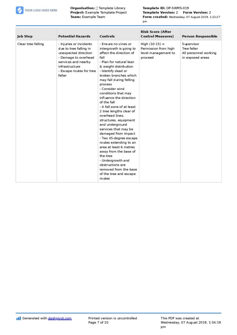 Tree Felling and Tree Removal Safe Work Method Statement (SWMS)