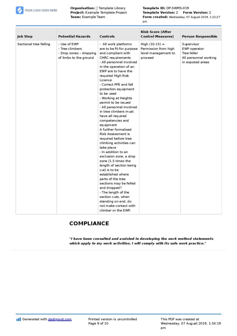 Tree Felling and Tree Removal Safe Work Method Statement (SWMS)