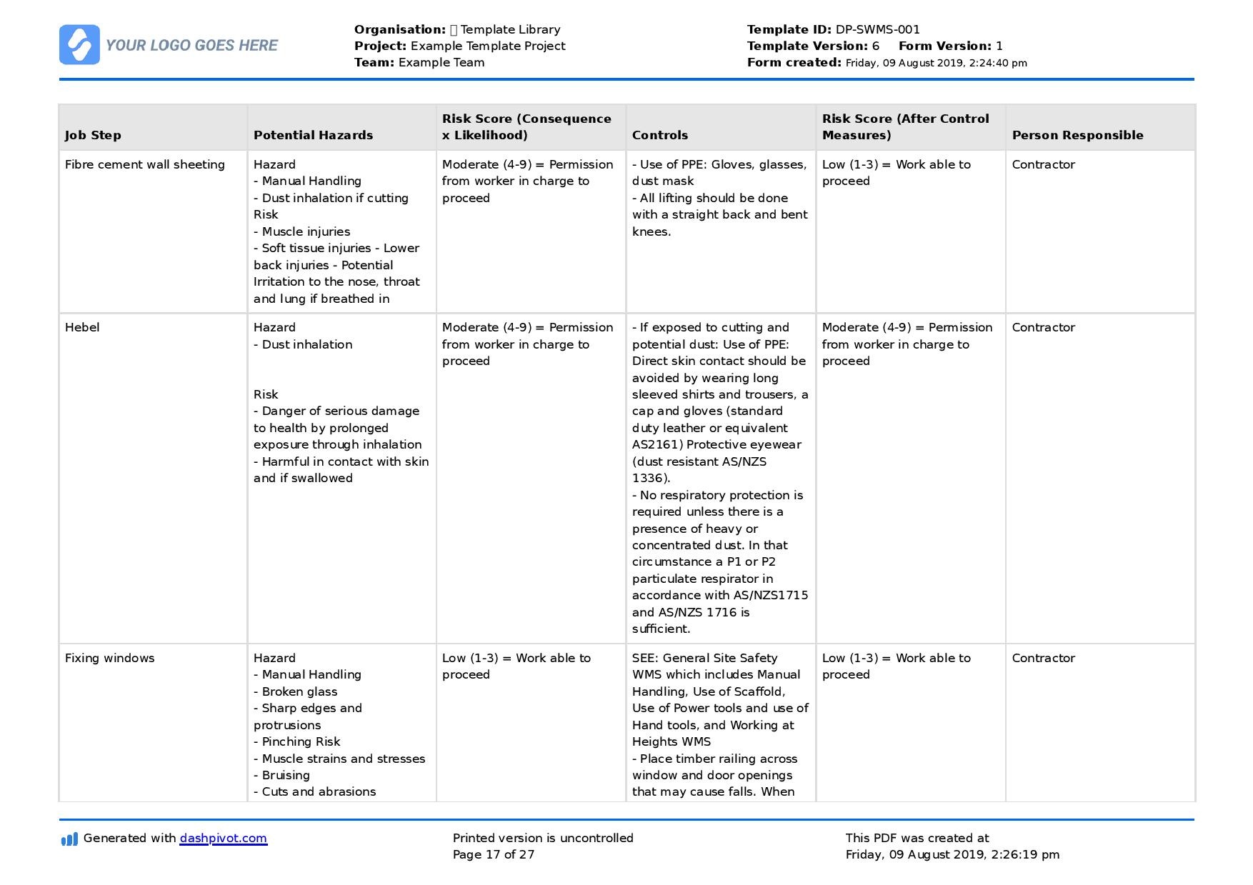 Carpentry Safe Work Method Statement Free Editable SWMS 