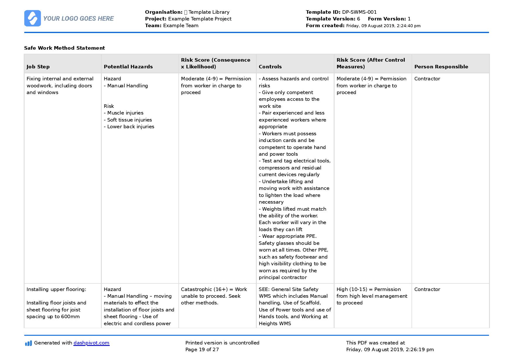 Carpentry Safe Work Method Statement Free Editable SWMS 