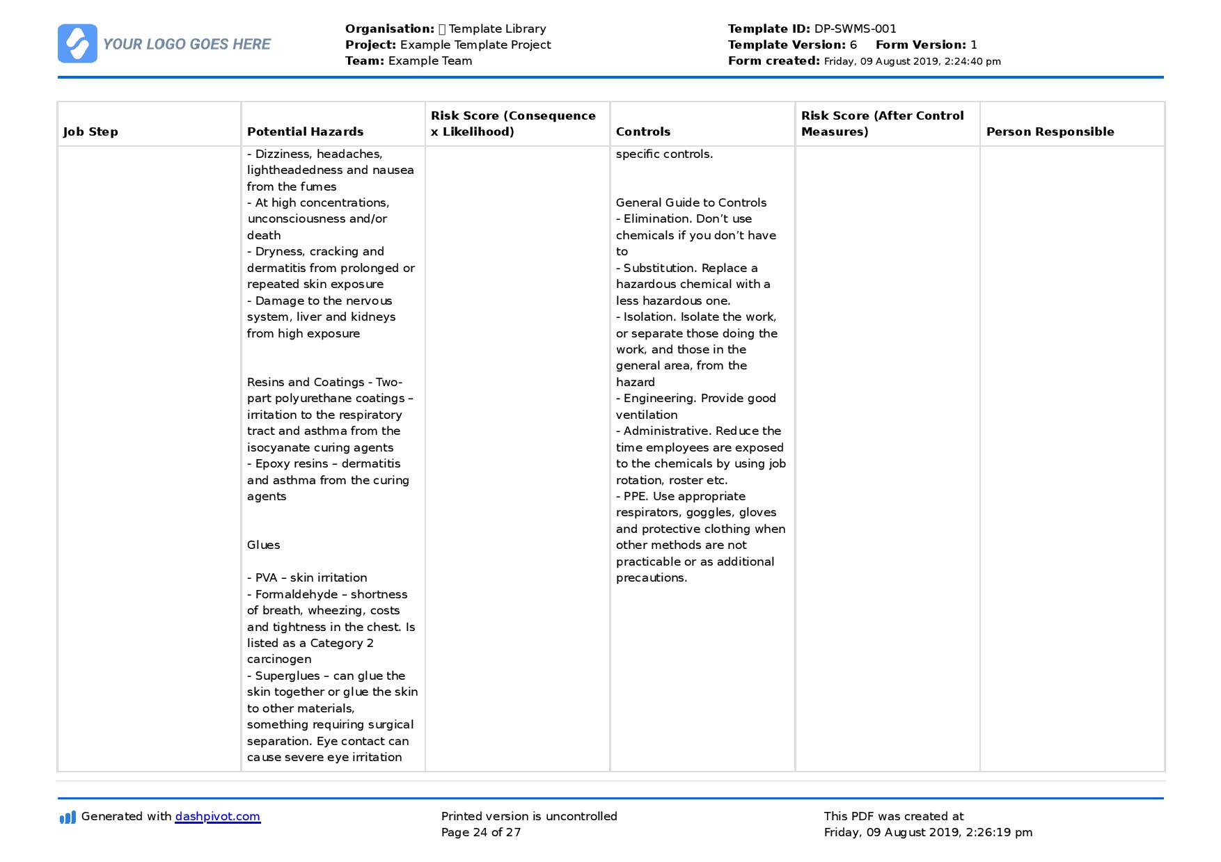Carpentry Safe Work Method Statement Free Editable SWMS 