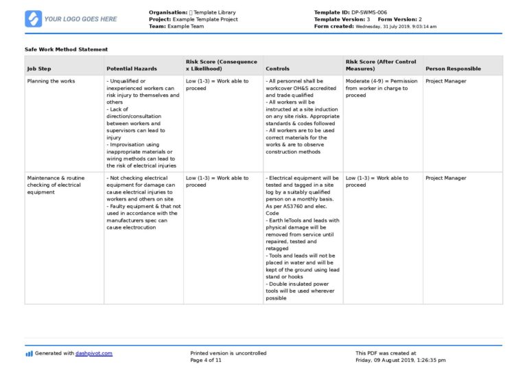 Safe Work Method Statement Template Free SWMS Templates 